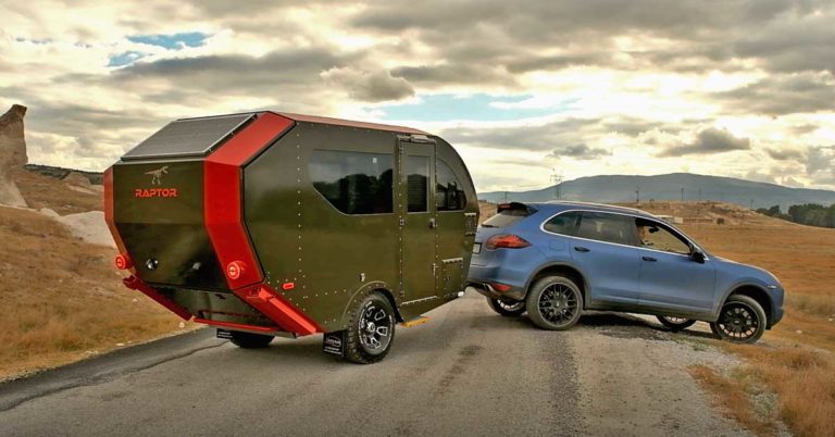 This teardrop trailer with a glass roof panel expands into a multi-room ...